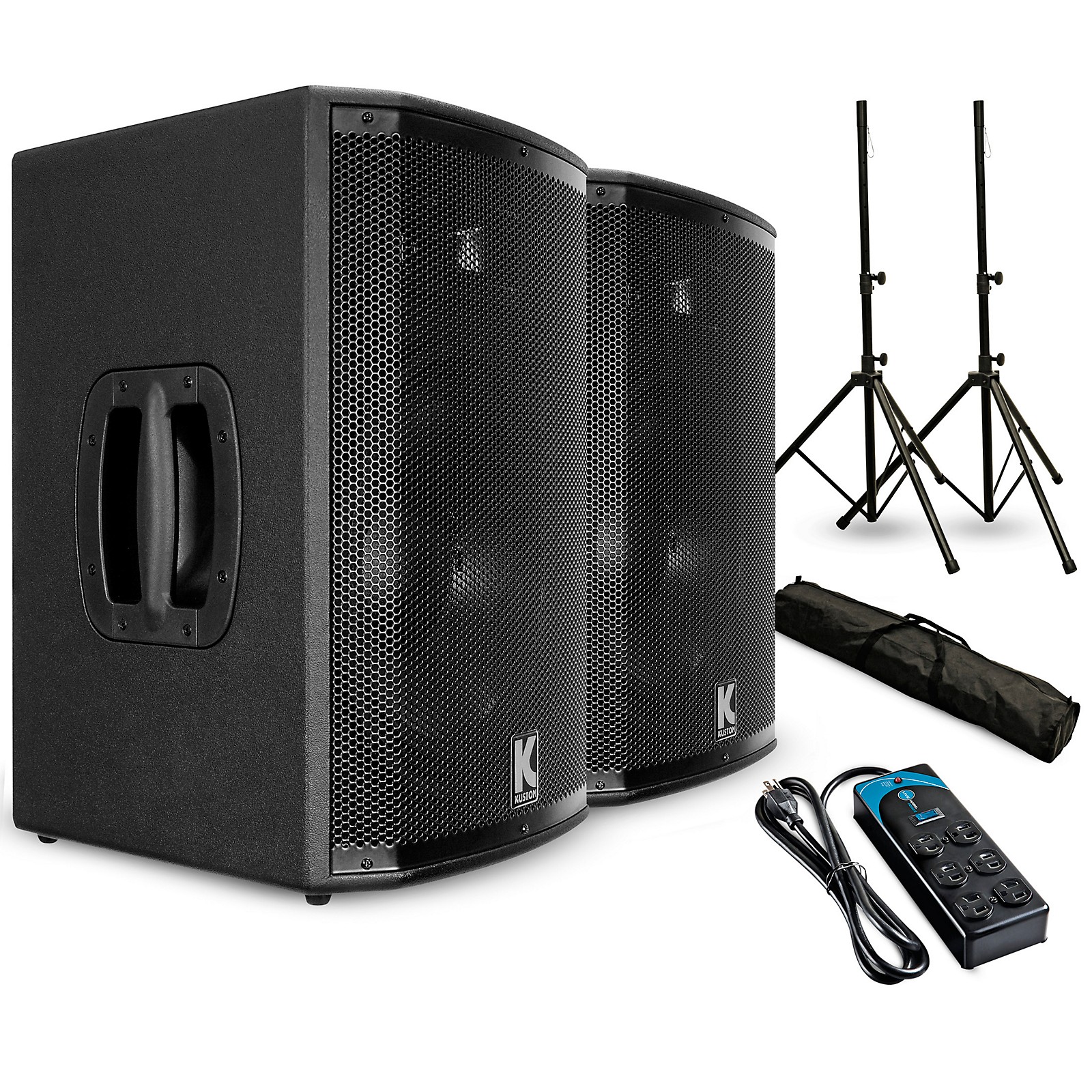 Kustom PA HiPAC12 12" Powered Speaker Pair with Stands and Power Strip ...